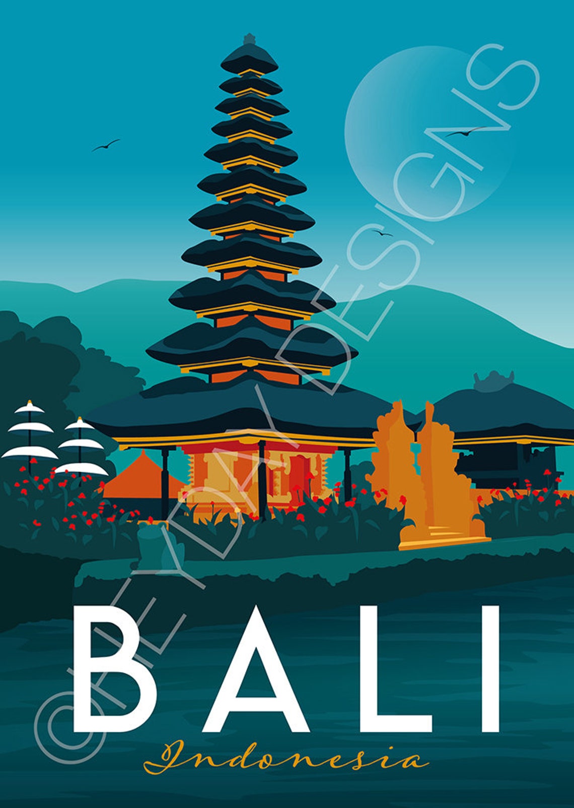 Bali Travel Poster Print Indonesia Vintage Memento | Etsy