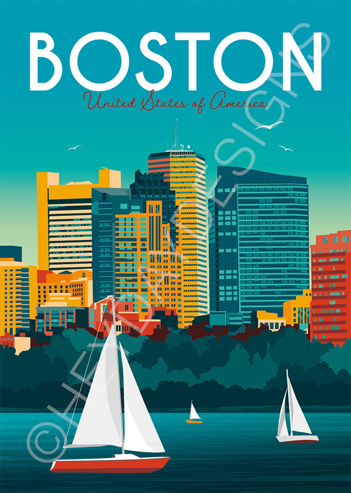Boston Travel Poster Print Vintage Massachusetts USA - Etsy