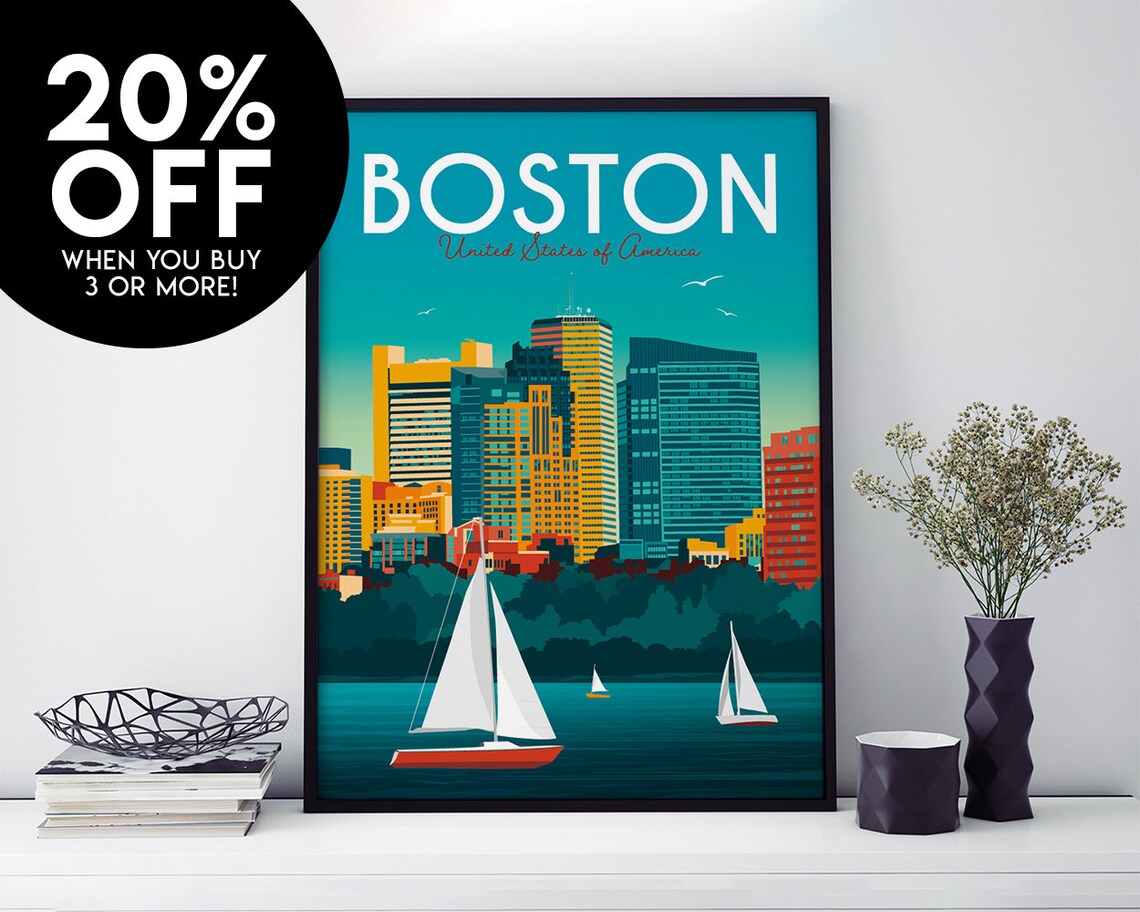 Boston Travel Poster Print Vintage Massachusetts USA - Etsy