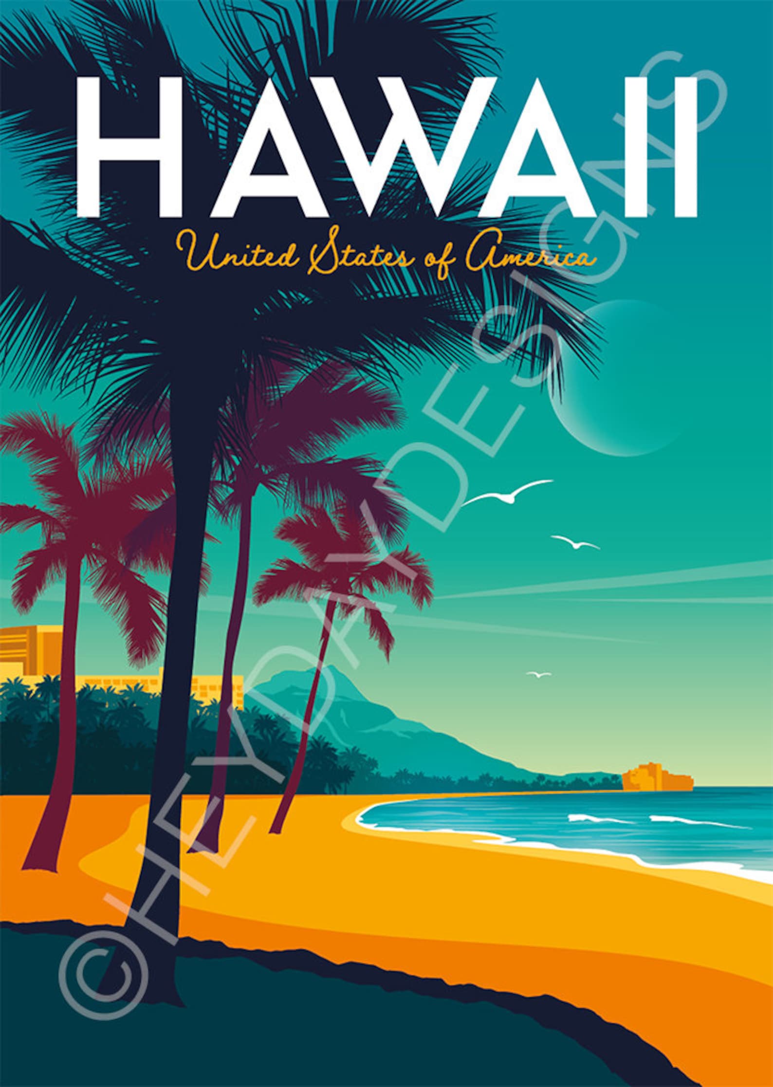 Hawaii Travel Poster Print Vintage Honolulu Waikiki Beach - Etsy