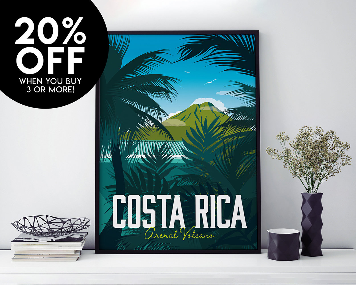 Costa Rica Travel Poster Print Vintage Arenal Volcano | Etsy