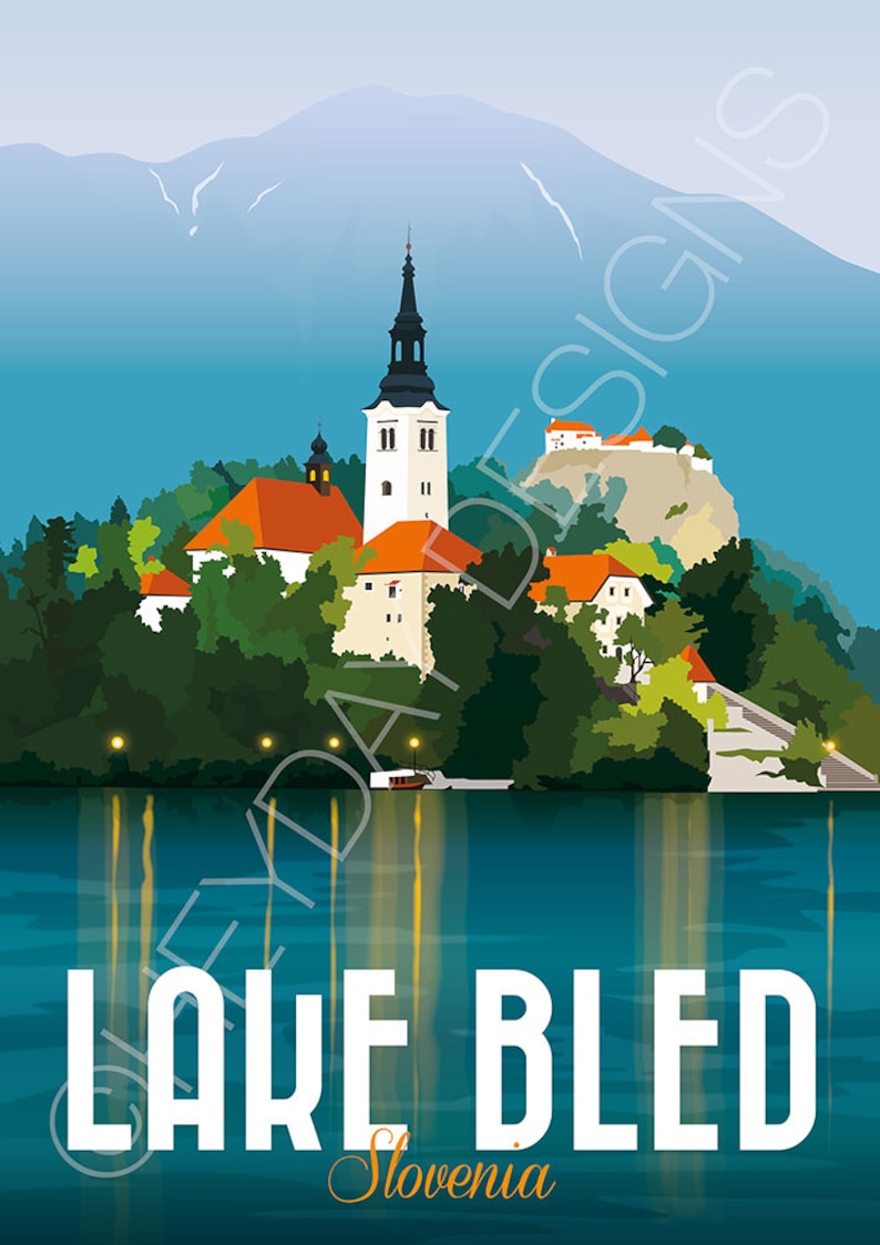 Slovenia Travel Poster Print Lake Bled Vintage Memento | Etsy