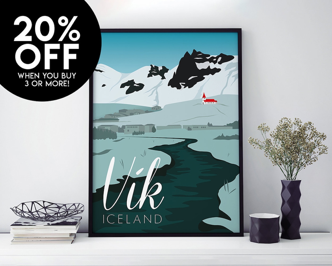 Iceland Travel Poster, Reykjavik, Landscape, Nature, Print, Vintage ...