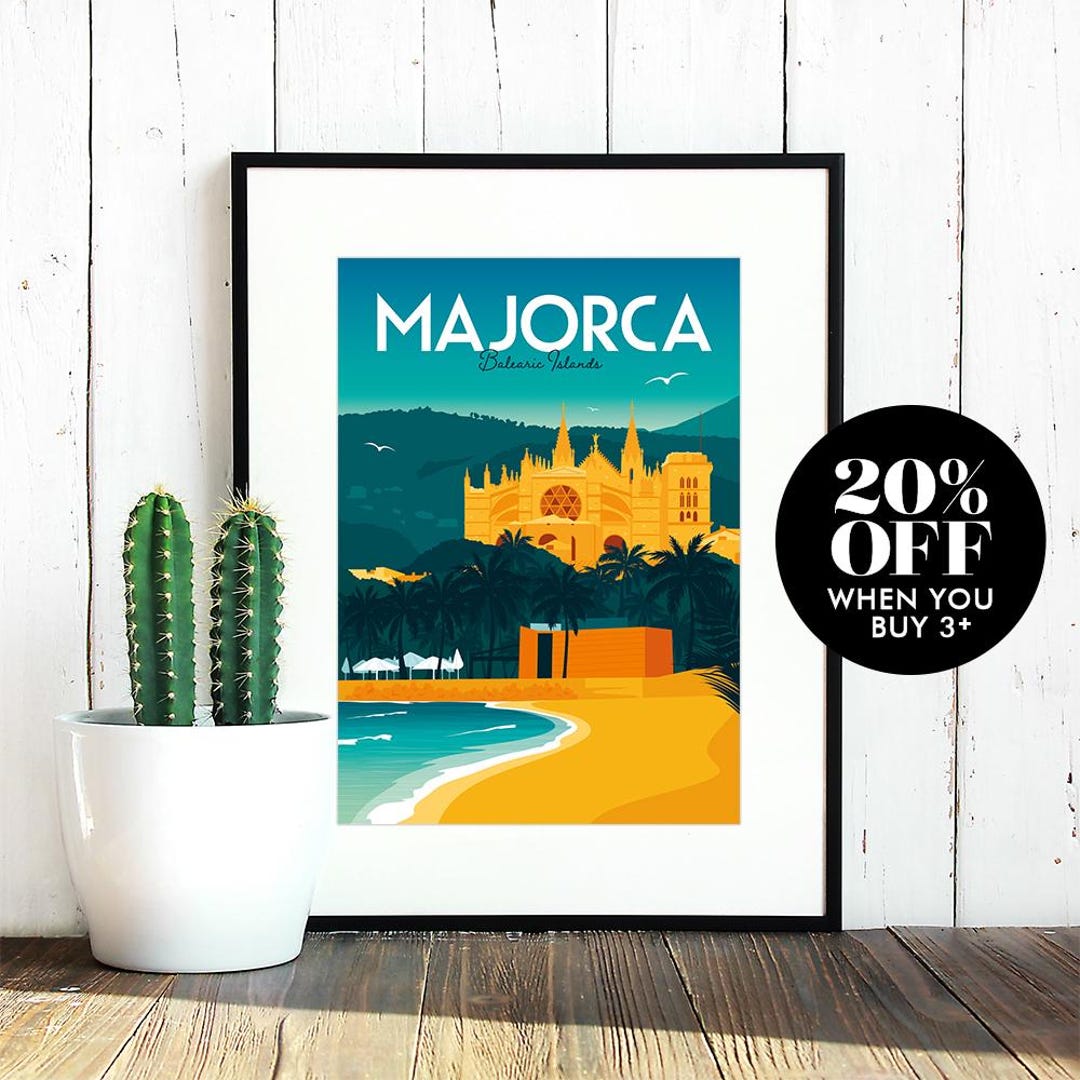 Majorca Travel Poster, Palma Mallorca, Balearic Islands, Spain, Print ...