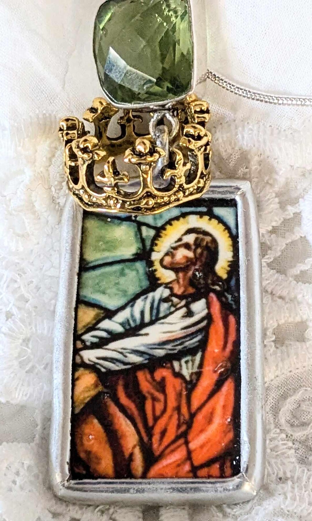 Praying Jesus Broken China Necklace With Peridot Stone - Etsy
