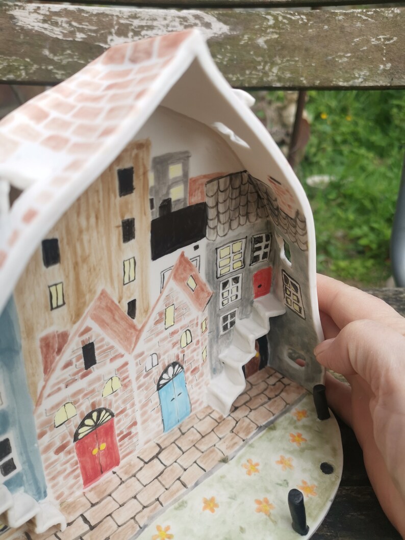 Cityscape Window Shrine. Handmade Porcelain Wall Art, Houses Painting ...
