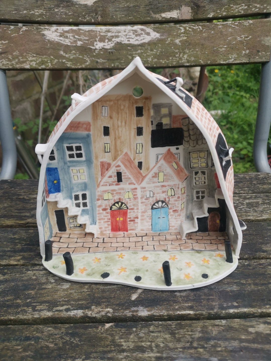 Cityscape Window Shrine. Handmade Porcelain Wall Art, Houses Painting ...