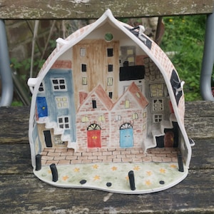 Cityscape Window Shrine. Handmade Porcelain Wall Art, Houses Painting ...