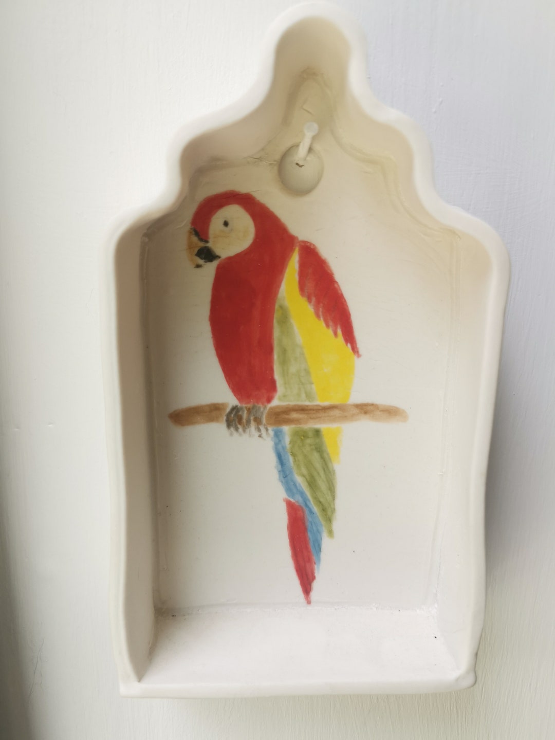 Macaw Parrot. Handmade Porcelain Shrine, Tiny Wall Hanging Altar, With ...