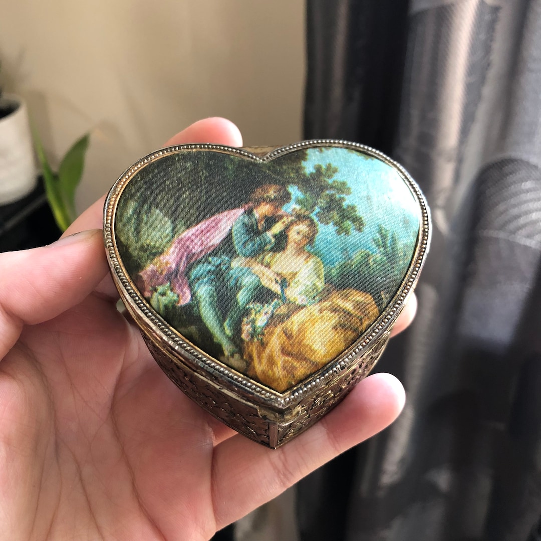 Vintage Metal Trinket Box 1960s Schmid Bros Silk Art Lid Spring by ...