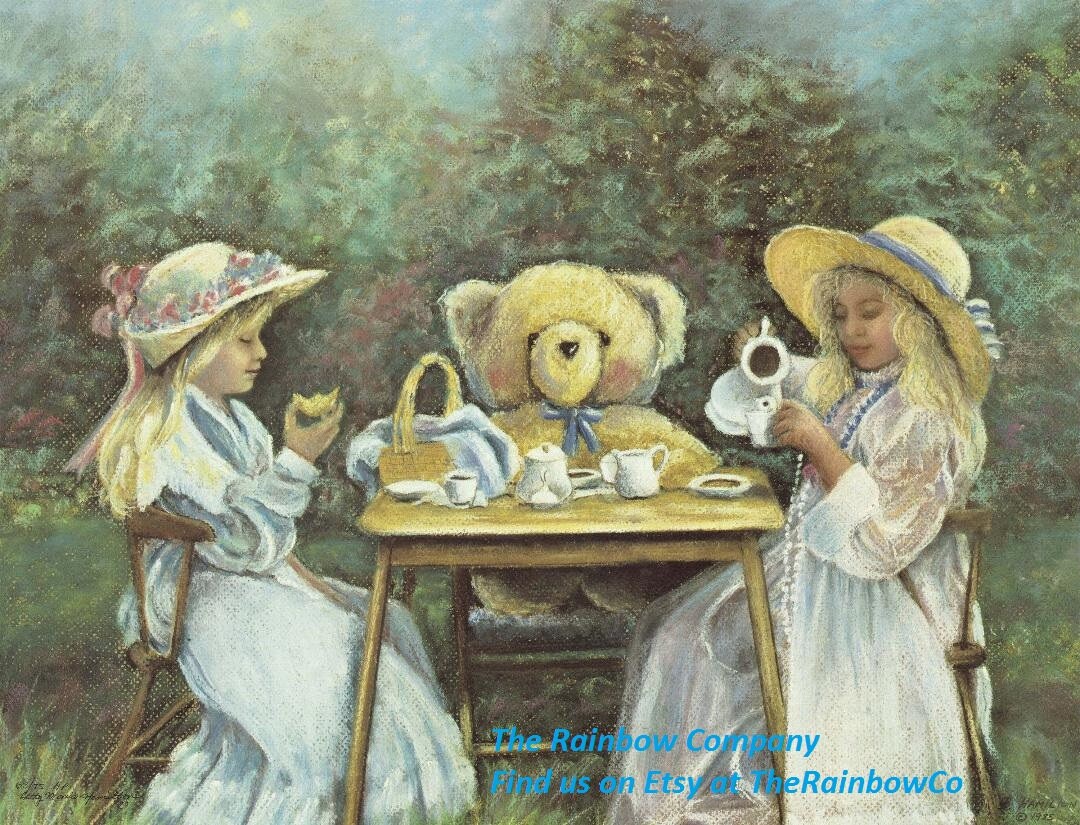Tea for Three Lithograph Art Print, Girls and Teddy Bear, Vintage Style ...