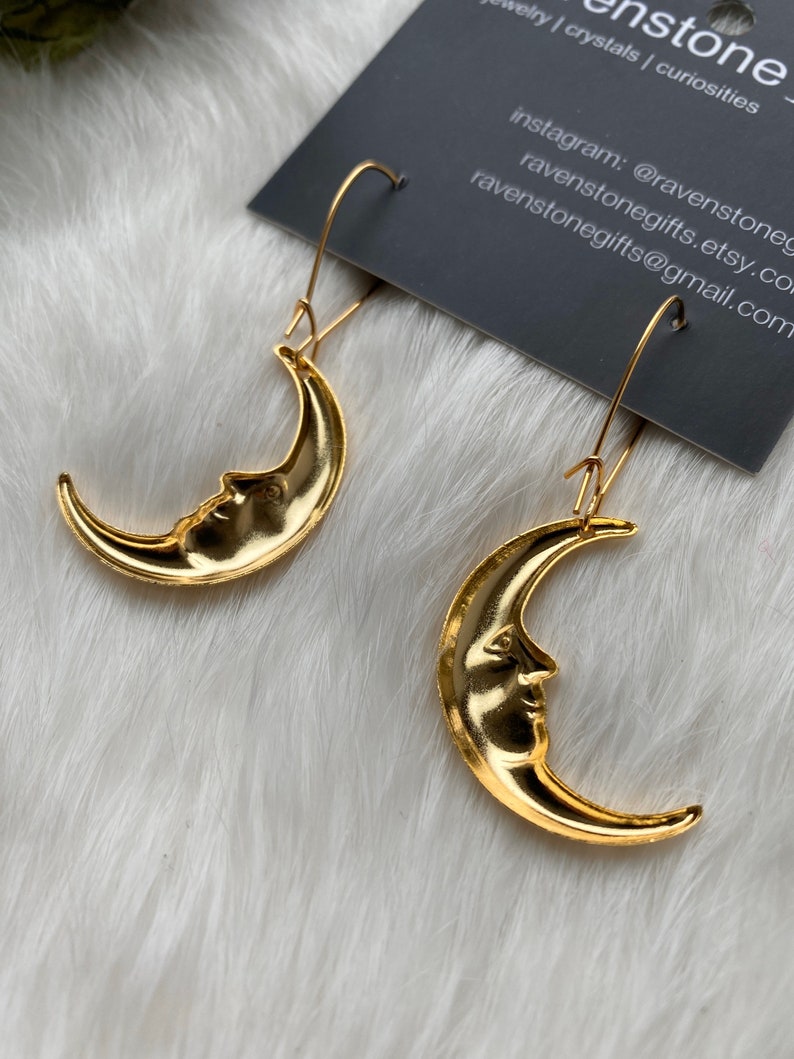 The little golden moon face earrings // ravenstone earrings // | Etsy