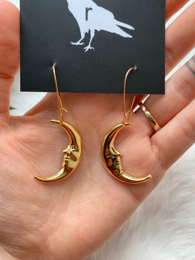 The little golden moon face earrings // ravenstone earrings // | Etsy