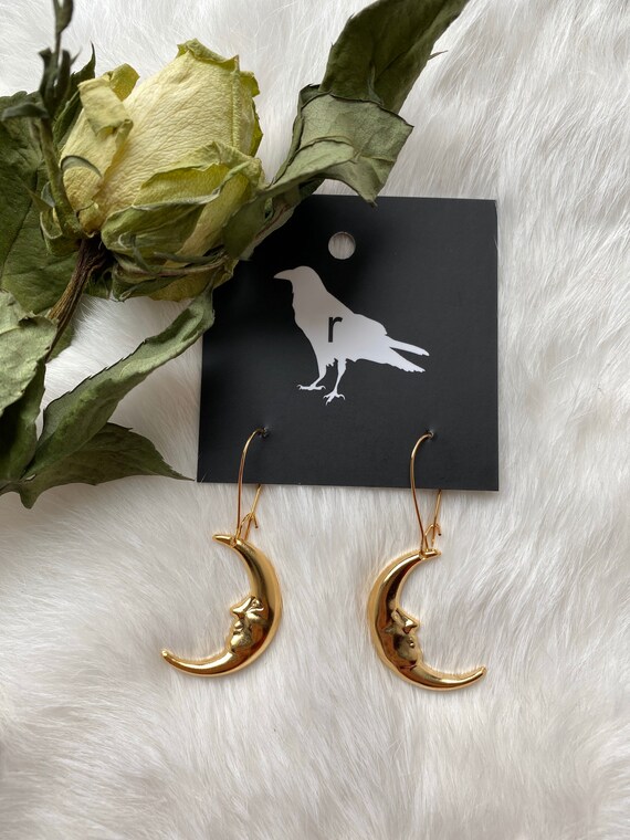 The little golden moon face earrings // ravenstone earrings // | Etsy