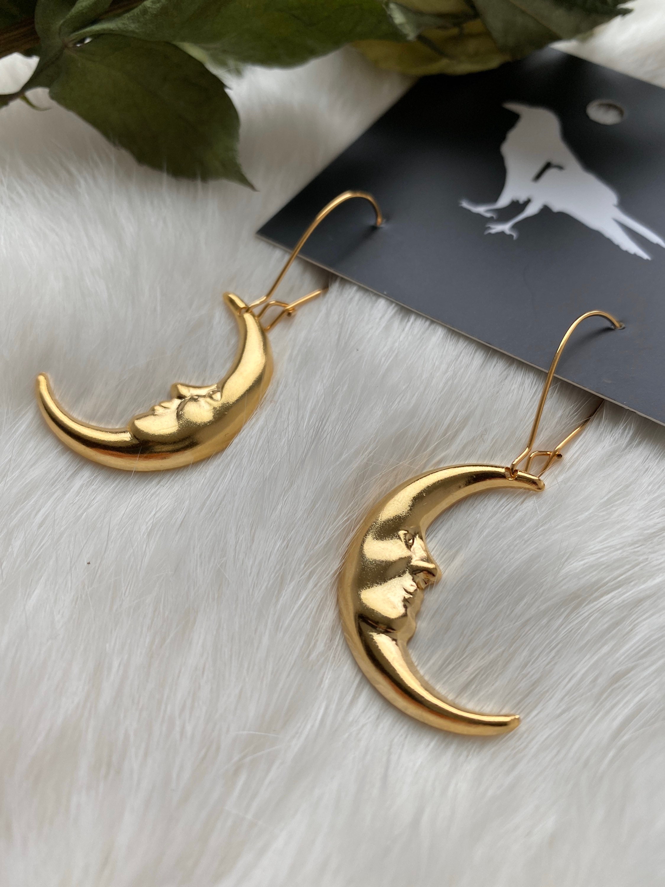 The little golden moon face earrings // ravenstone earrings // | Etsy