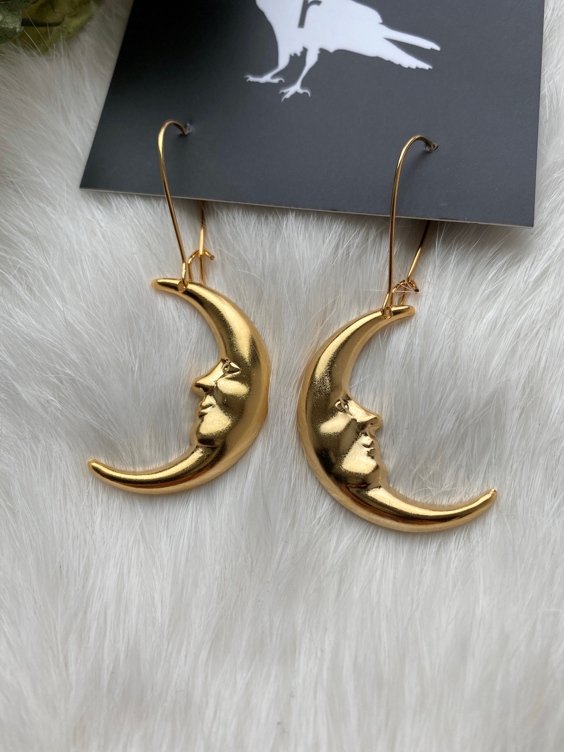 The little golden moon face earrings // ravenstone earrings // | Etsy