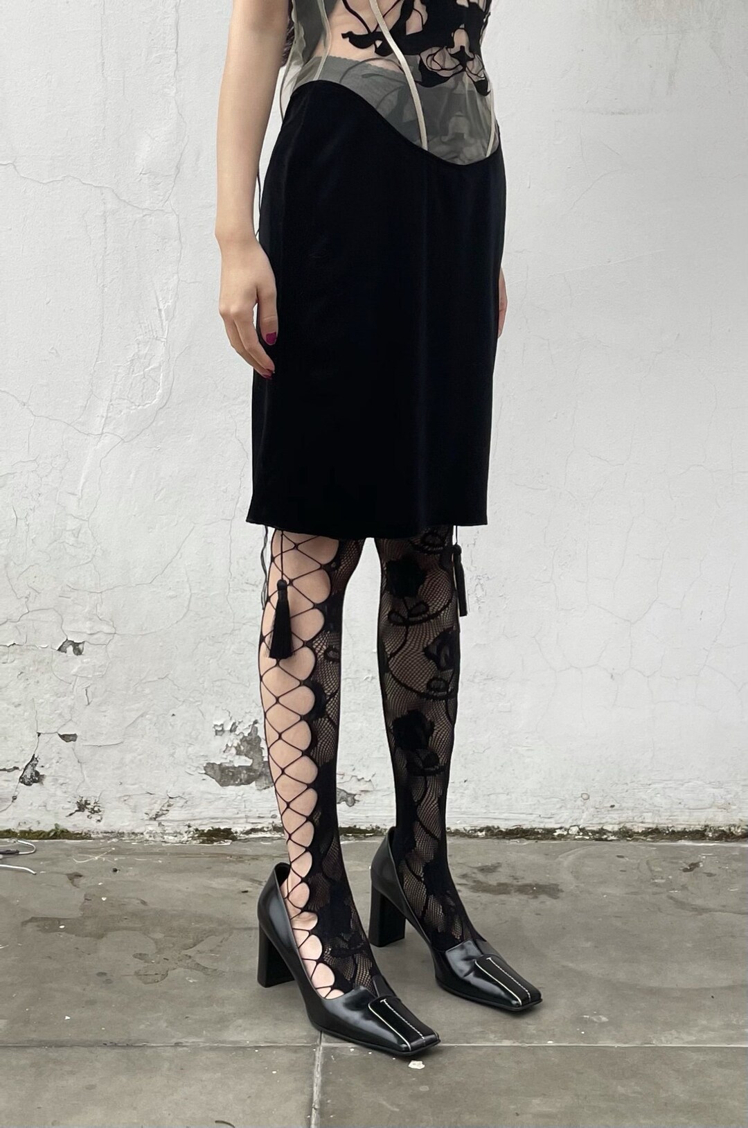 Y2k BLACK Rose Pattern Fishnets Tights With Lace up - Etsy