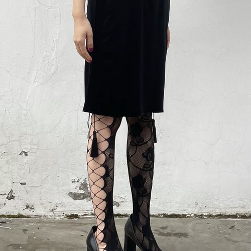 Y2k BLACK Rose Pattern Fishnets Tights With Lace up - Etsy