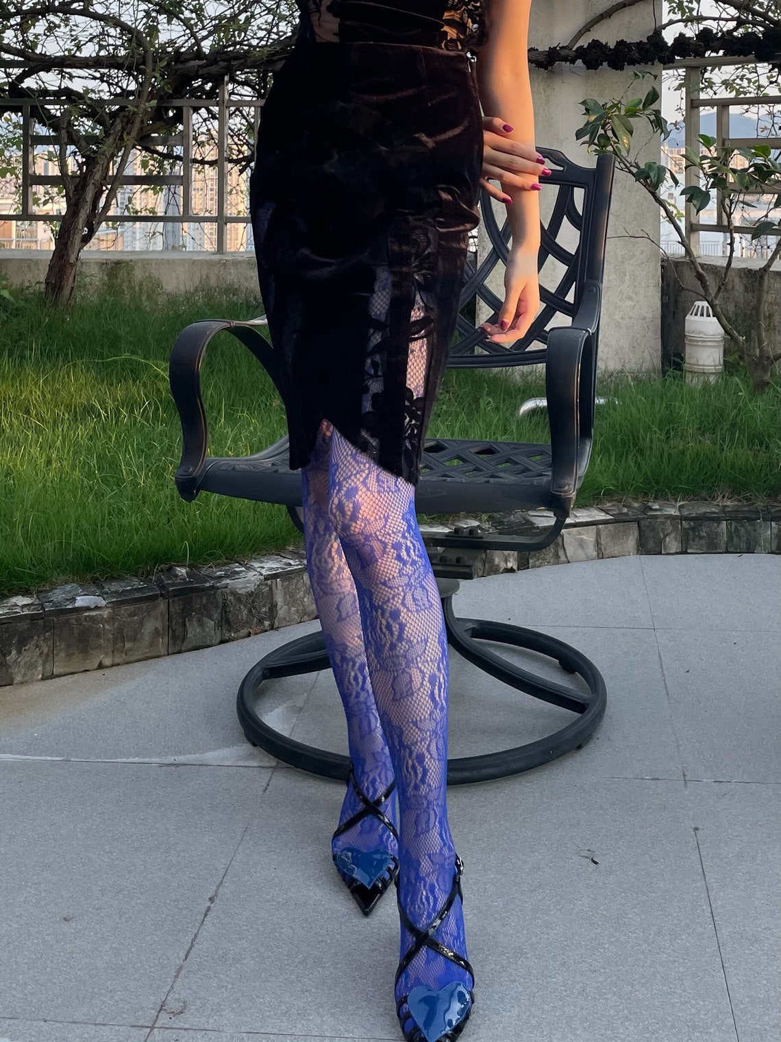 Y2k BLUE Flowers With Leaves Pattern Fishnets Tights Styling - Etsy