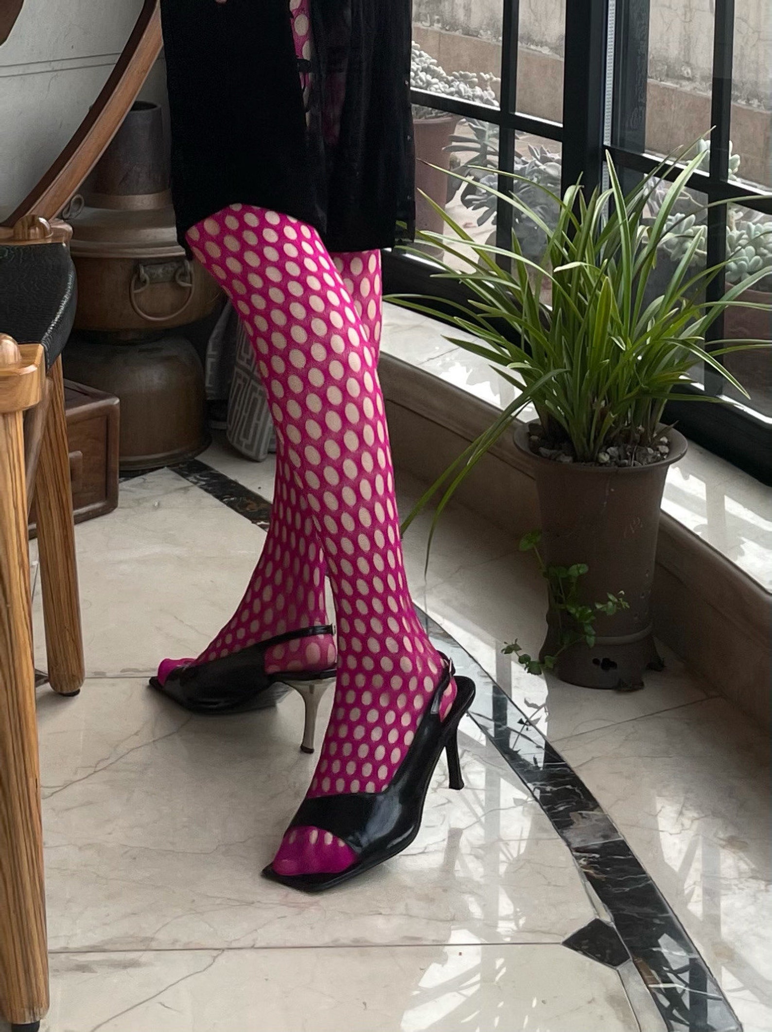 Y2k HOT PINK Dotty Holes Pattern Vibrant Fishnets Tights Styling ...