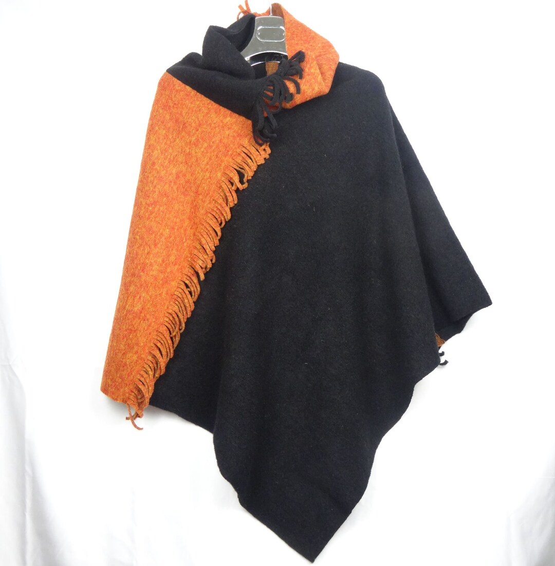 Cooked Wool Poncho / Orange and Black Two-tone Poncho / Produced in ...