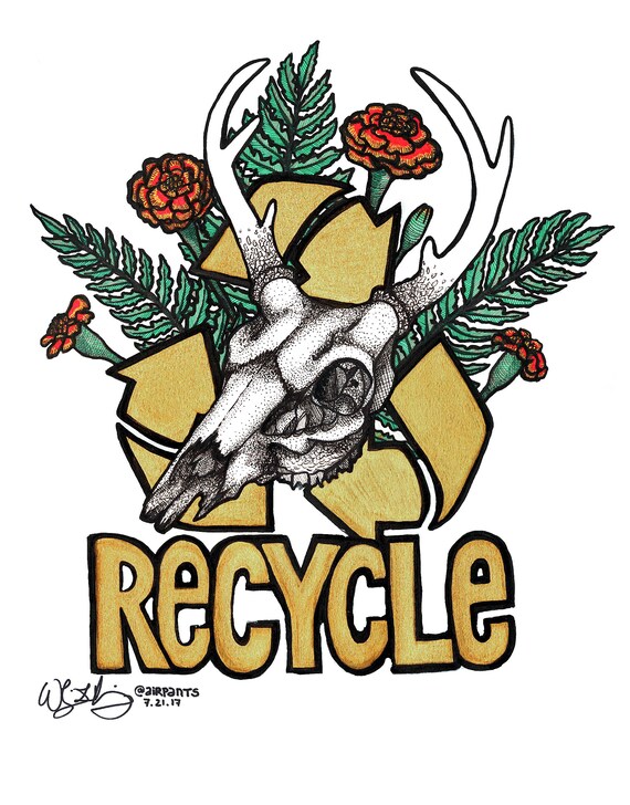 Recycle Deer Skull Marigold Poster Illustration Press Print | Etsy