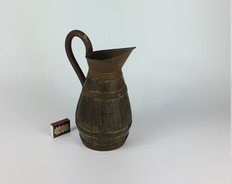 Vintage French Primitive Wood Barrel Pitcher With Metal Bands and ...