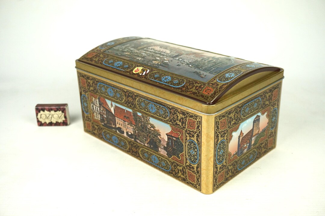 Old Big Tin Box,antique Embossed Box,vintage Metal Container,german Tin ...