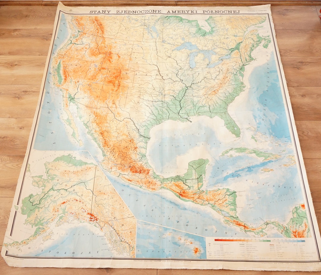 Old Very Big Wall Map, 80,7"x 67,7", 205 Cm X 172 Cm, Vintage United ...