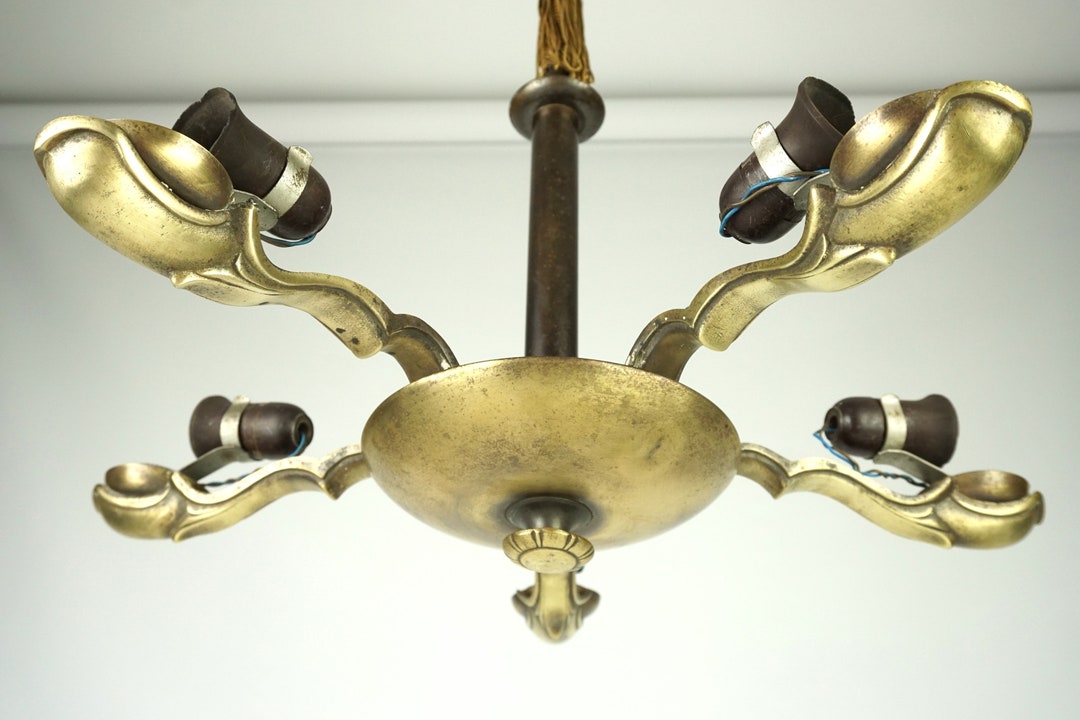 Art Deco Chandelier, Large Mid Century Lamp for 5 Light Bulbs, Vintage ...