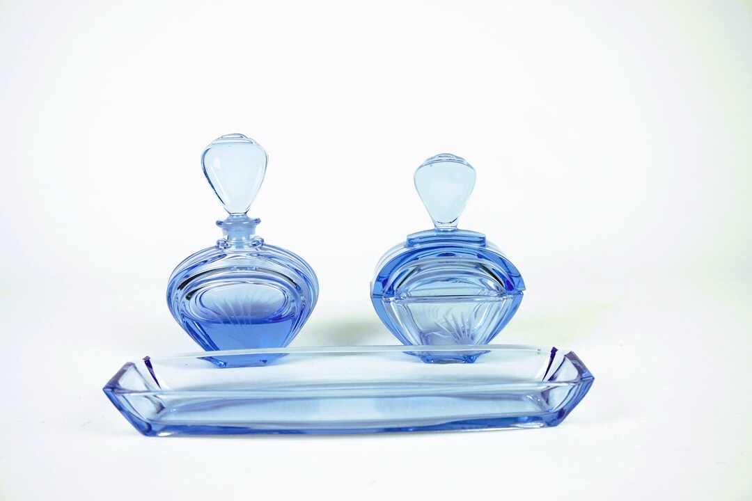 Vintage Glass Vanity Set Old Art Deco Blue Glass Vanity Set - Etsy