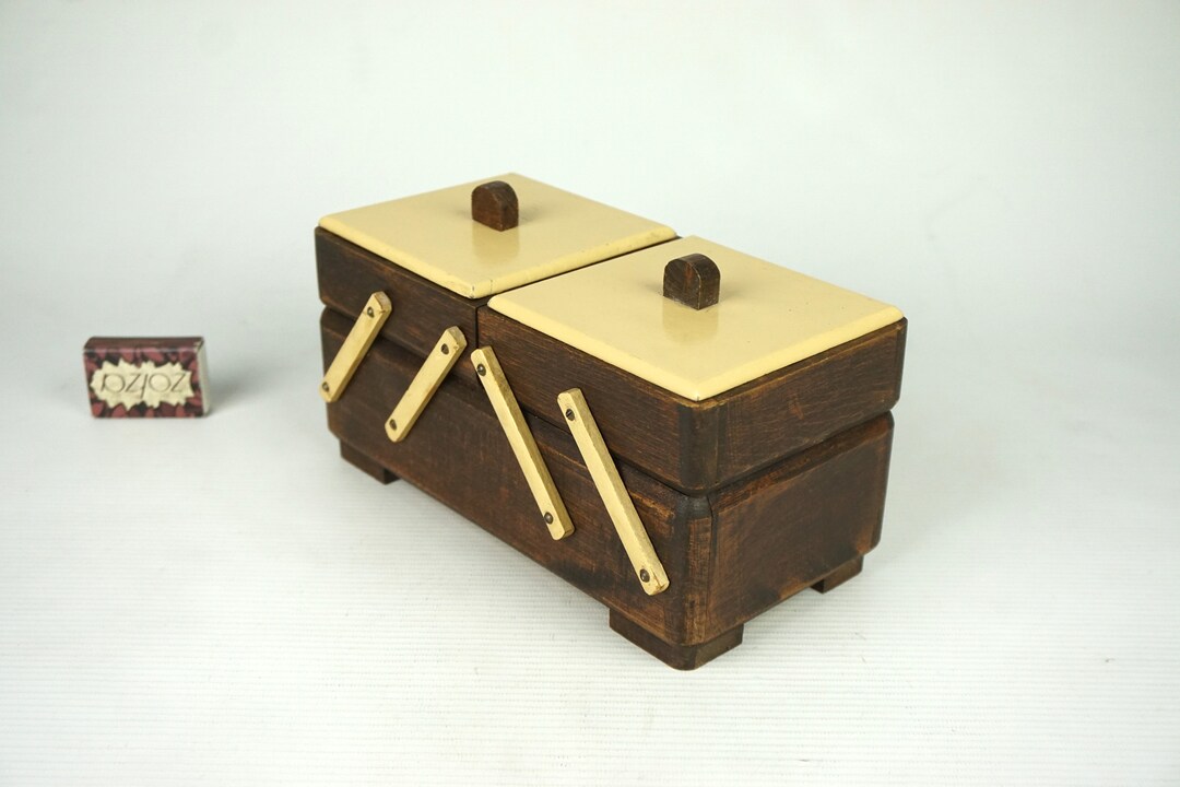 Small Vintage Handmade Sewing Box, German Sewing Basket, Fold Out Box ...