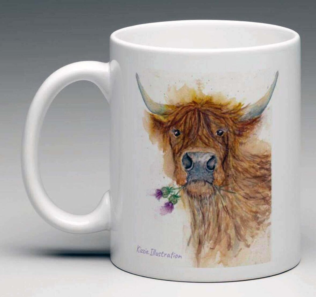 Ceramic Highland Cow Mug, Thistle Mug, Watercolour Painting, Scottish ...