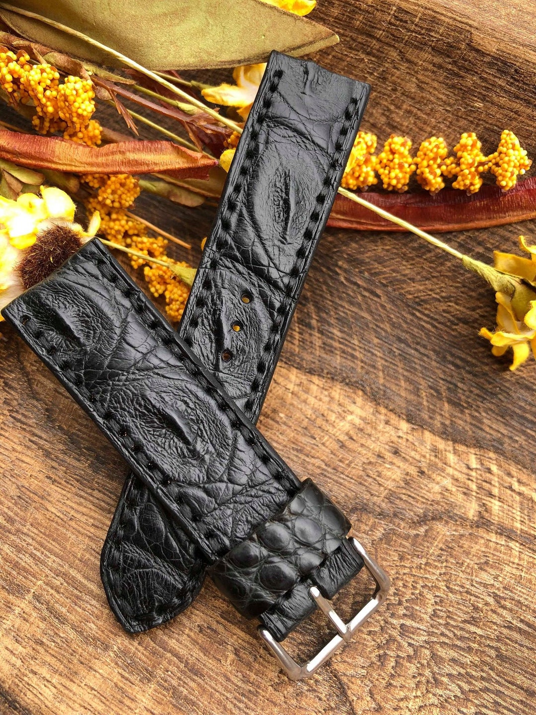 Handmade Black Alligator Hornback Leather Watch Band, 22mm - Etsy