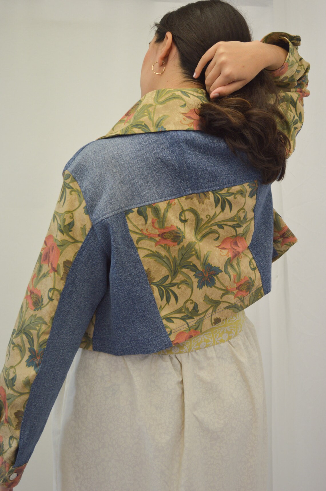 Cropped Denim Jacket, Mixed Pattern Denim Jacket, Multi Fabric Jacket ...