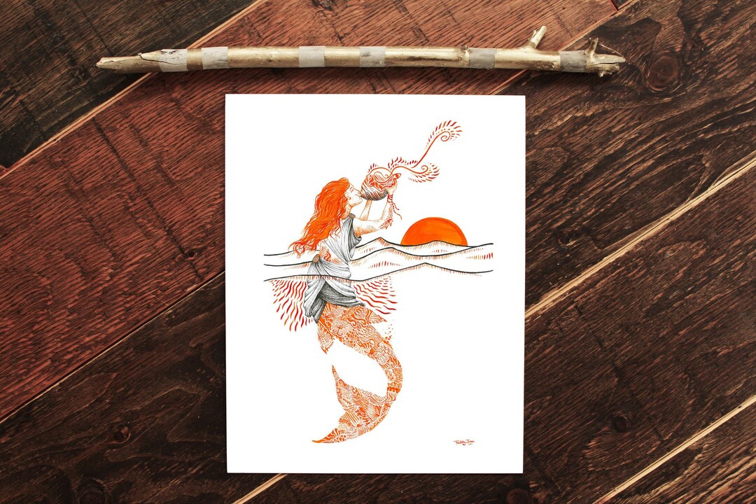 Hail to the Sunrise Mermaid Blowing Conch Shell Fine Art Archival Print ...
