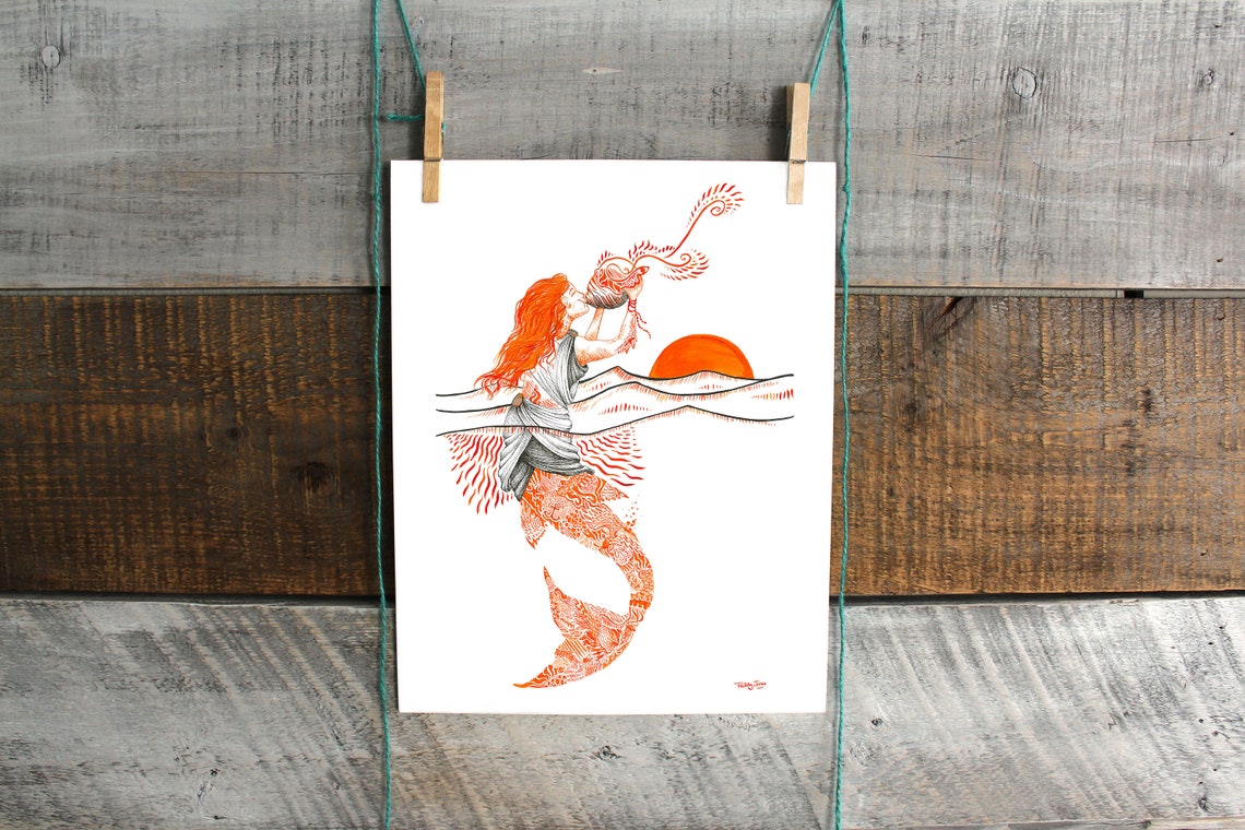Hail to the Sunrise Mermaid Blowing Conch Shell fine Art - Etsy