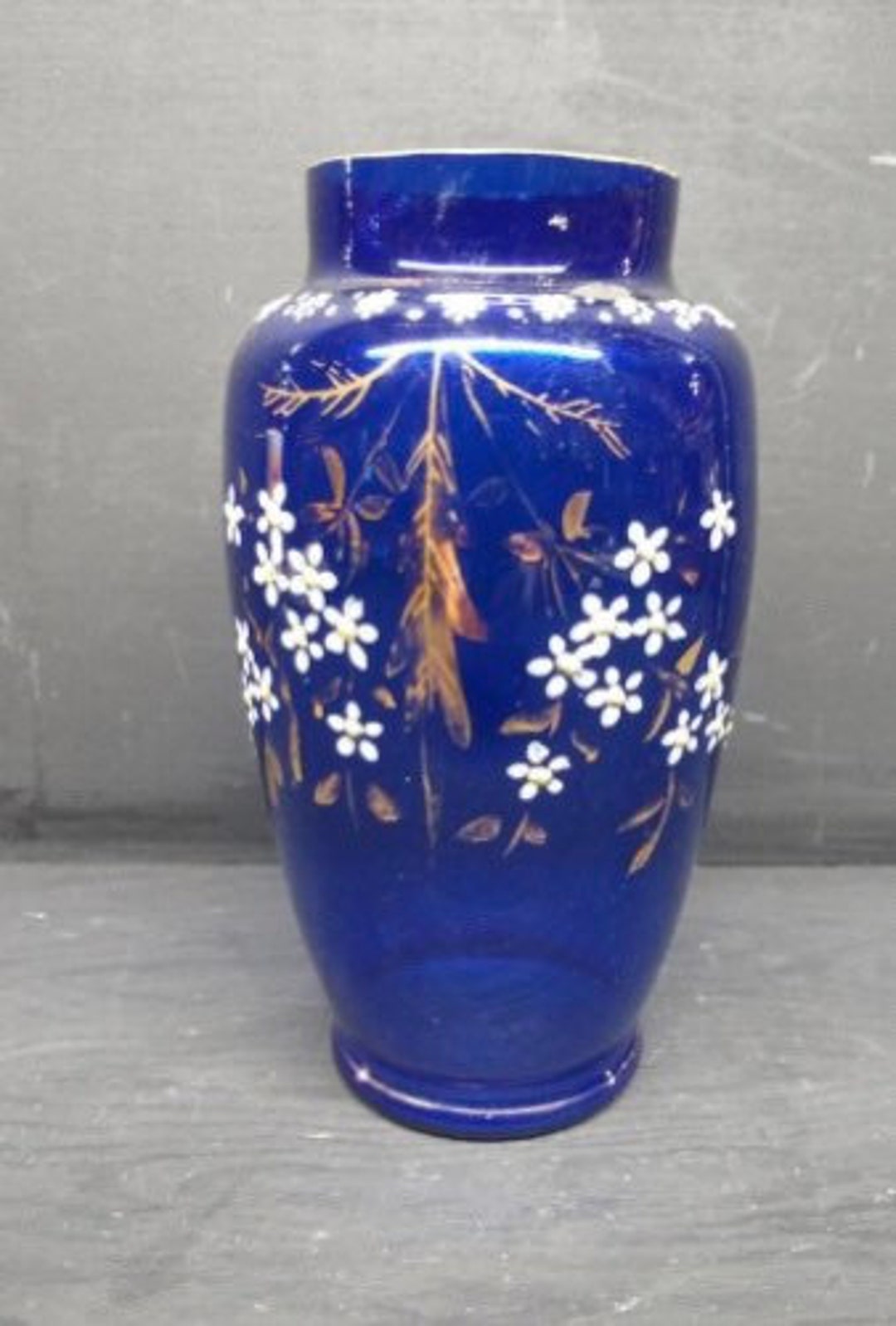 Vintage 11” Cobalt Blue Glass Vase White Floral Gold Branches Bohemian ...