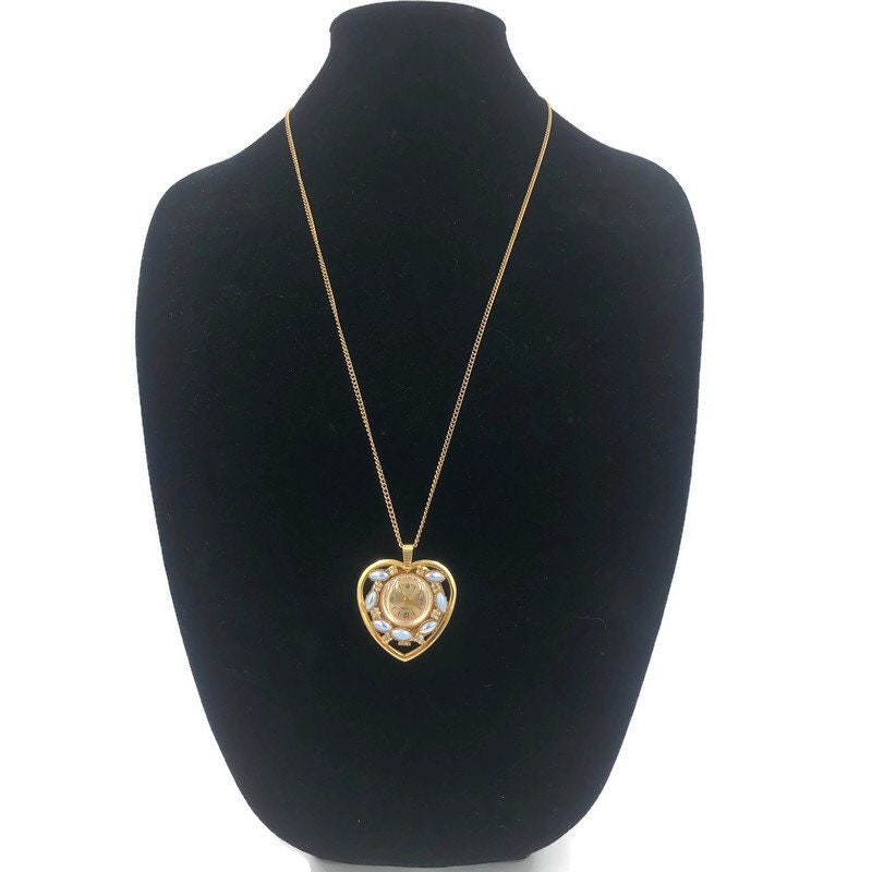 Citron Pendant Necklace Watch Clock Gold Tone Beaded Heart Shaped Vtg ...