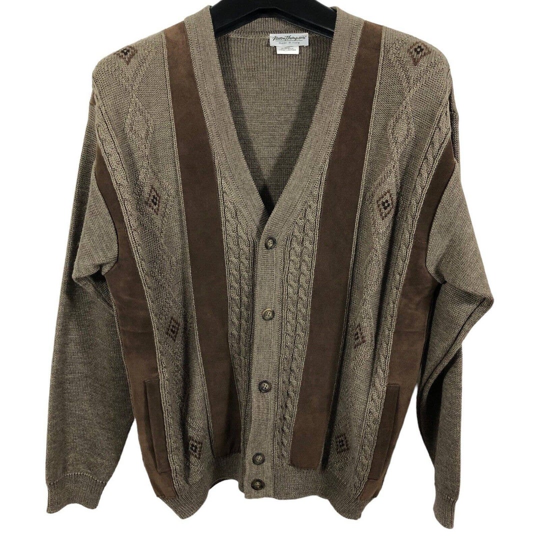 Vtg Norm Thompson Cardigan Sweater Size M Brown Suede Trim ATOMIC Cable ...