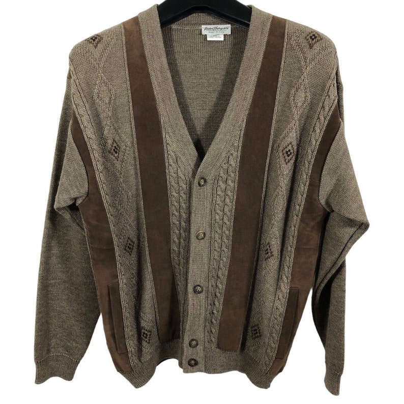 Vtg Norm Thompson Cardigan Sweater Size M Brown Suede Trim ATOMIC Cable ...