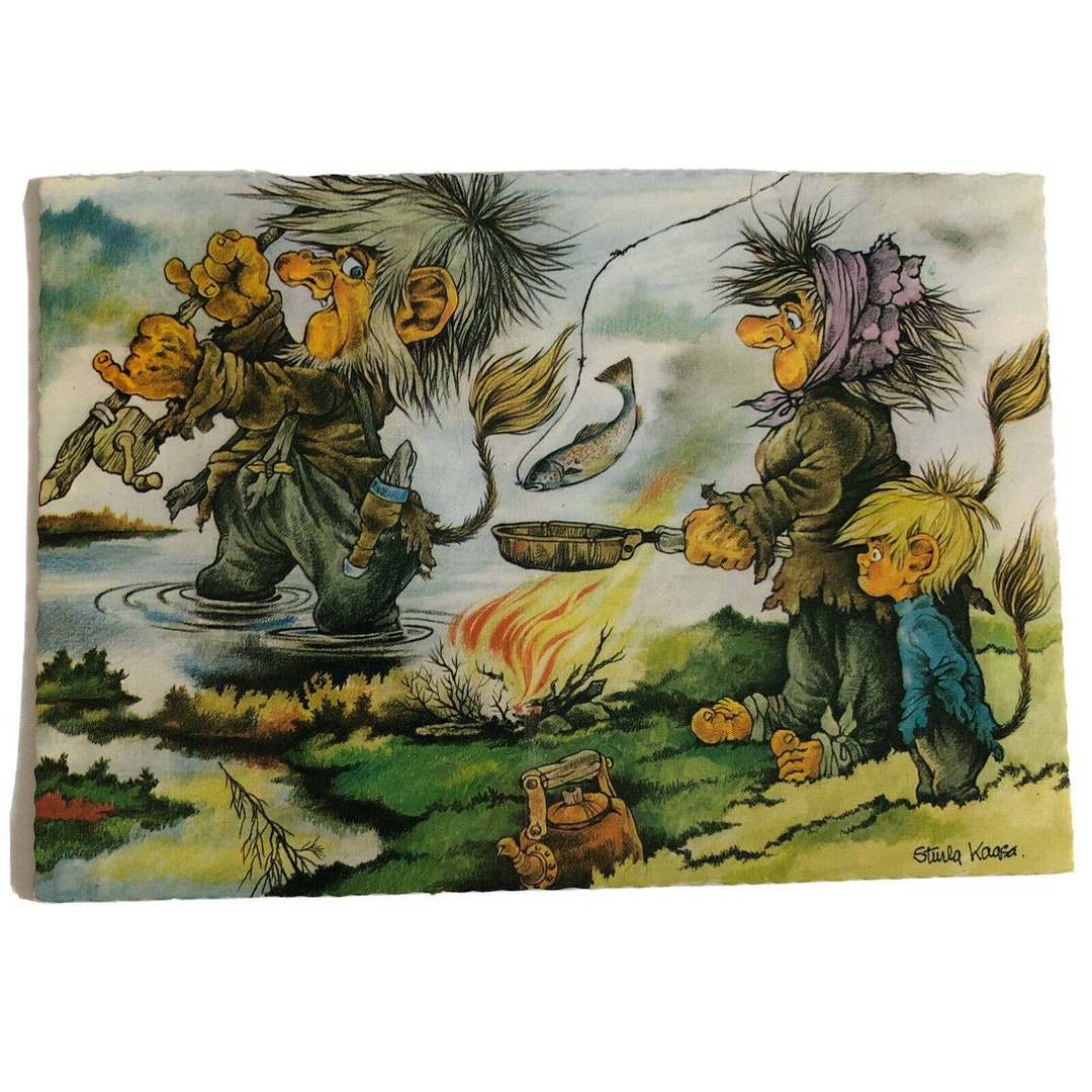 Norway Trolls Fishing Dinner Scene VTG ART Postcard by Sturla Kaasa ...