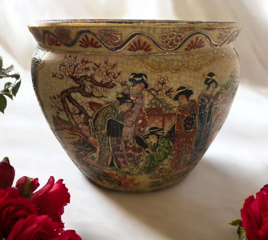 Satsuma Hand Painted Porcelain Planter Fish Bowl Geisha Girl Koi 5” X 6 ...