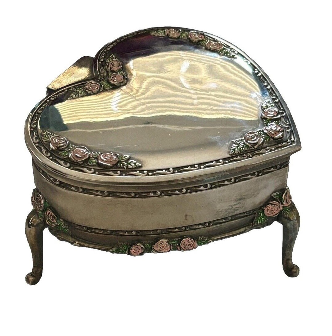 GODINGER Silver Plate Jewelry Box Heart Shaped Roses Velvet Lined ...