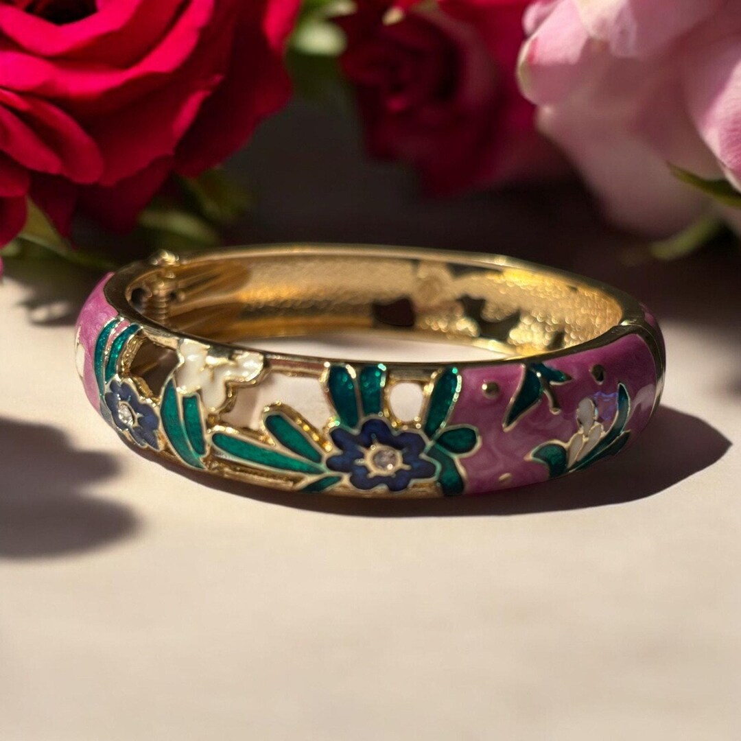 Jiu Long Xing Gold Tone Pink & White Cloisonné Enamel Designs Hinged ...