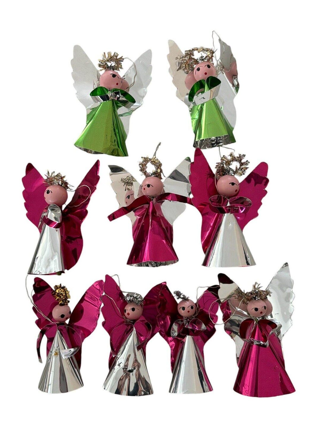9 Foil Angels Christmas Holiday Ornaments Pink Green Silver Vintage MCM ...