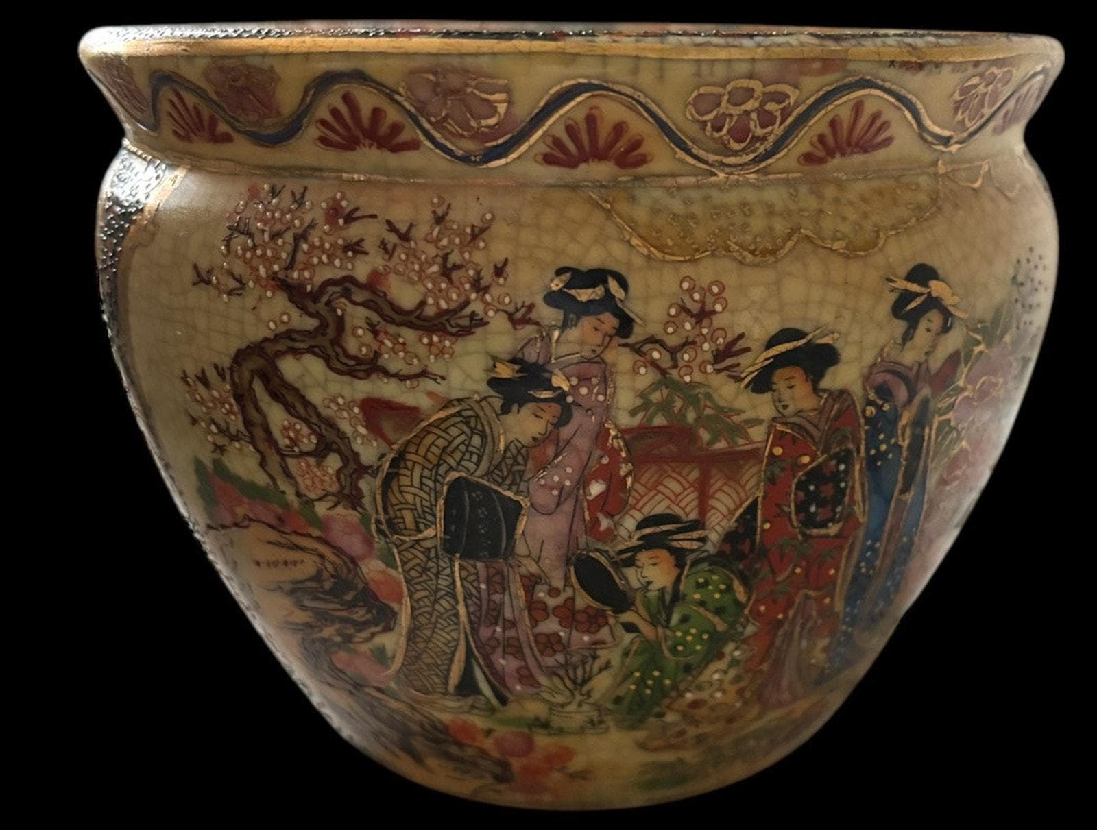 Satsuma Hand Painted Porcelain Planter Fish Bowl Geisha Girl Koi 5” X 6 ...