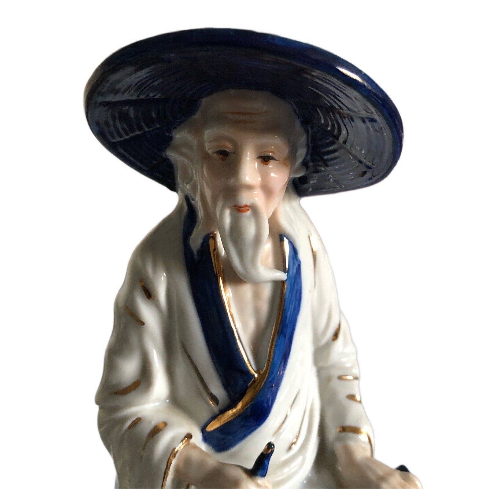 Vintage Japanese Porcelain Figure Blue White Gold Pipe Leaf Fan Sitting ...