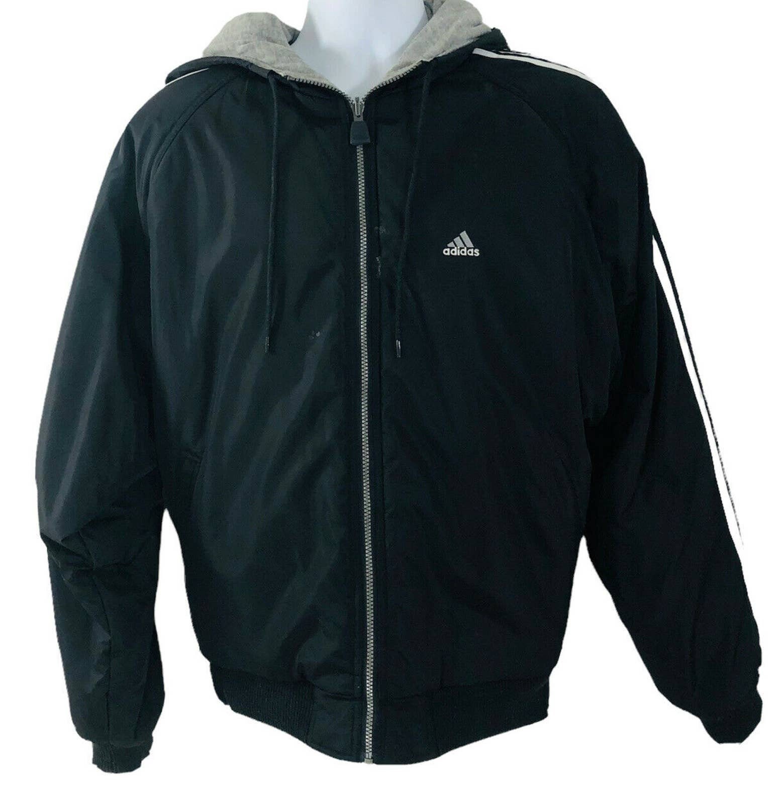 Adidas Puffer Jacket Mens L Reversible Grey Black 3 Stripes Adidas Puffer Jacket Mens L Reversible Grey Black 3 Stripes