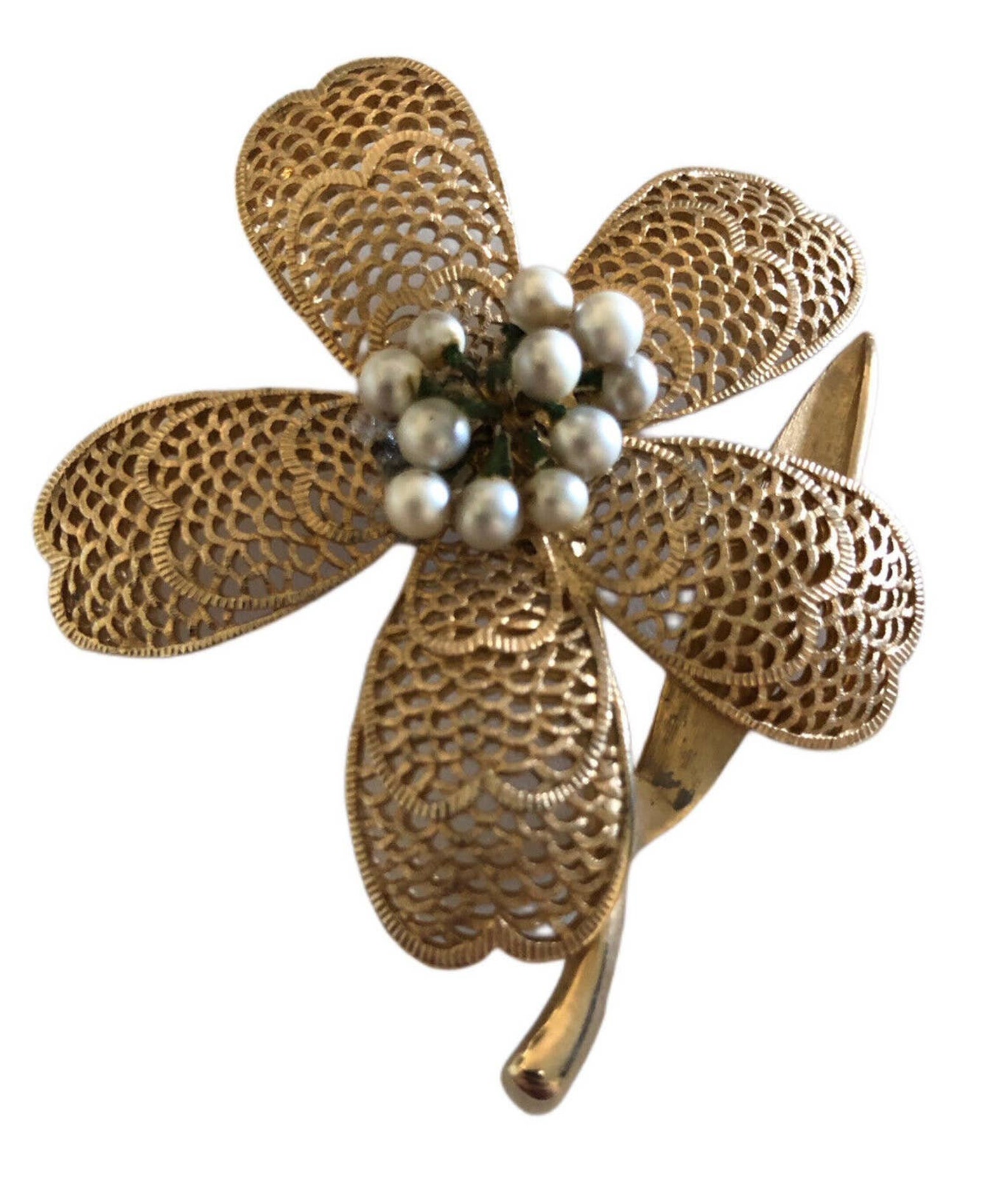 Vintage Judy Lee Signed Gold Tone Filagree Faux Pearl Flower Stamen ...